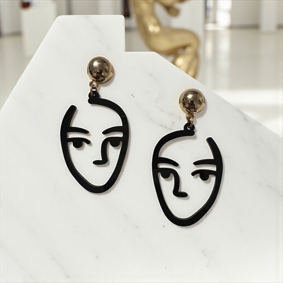 Jewelry | Abstract Face Black And Gold Earrings | Poshmark